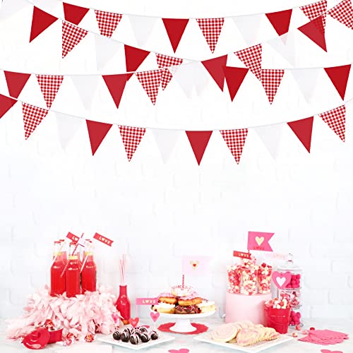 32Ft Red Party Decorations Red Plaid Checkered White Triangle Flag Gingham Pennant Bunting Fabric Garland for Christmas Wedding Birthday Carnival Picnic X-mas Outdoor Home Party Festivals Decoration