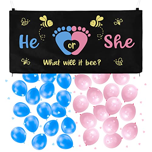 Tenshun What Will It Bee Gender Reveal Balloon Drop Bag He or She Zipper Bag with Pink and Blue Balloons Confetti Bee Themed Boy or Girl Baby Shower Sex Reveal Party Decoration Supplies