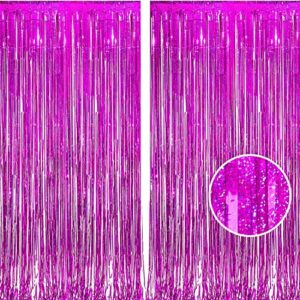 braveshine hot pink glitter tinsel foil fringe curtains – 2pcs 3.2×8.2ft metallic party streamers backdrop for birthday valentines wedding bridal shower tropical hawaiian flamingo theme decorations