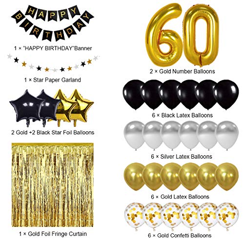 Black and Gold 60th Birthday Decorations Banner Balloon, Happy Birthday Banner, 60th Gold Foil Balloons, Number 60 Birthday Balloons, 60 Years Old Birthday Decoration Supplies