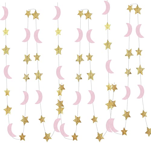 Moon and Star Garland Twinkle Twinkle Little Star of 2pcs Pink Gold Princess Birthday Party Decorations Pink Gold Moon Star Baby Shower Decorations 1st Birthday Garland Love You to the Moon and Back