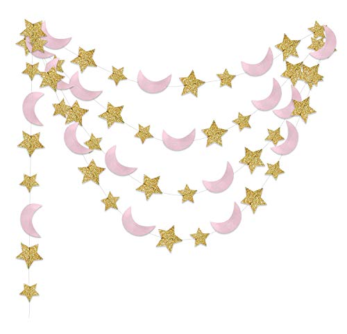 Moon and Star Garland Twinkle Twinkle Little Star of 2pcs Pink Gold Princess Birthday Party Decorations Pink Gold Moon Star Baby Shower Decorations 1st Birthday Garland Love You to the Moon and Back