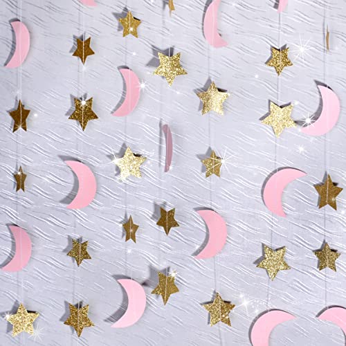 Moon and Star Garland Twinkle Twinkle Little Star of 2pcs Pink Gold Princess Birthday Party Decorations Pink Gold Moon Star Baby Shower Decorations 1st Birthday Garland Love You to the Moon and Back