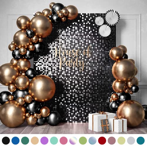 HOUSE OF PARTY Black Shimmer Wall Backdrop - 24 Pcs Square Sequin Wall Panels Shimmer Backdrop, Wall Decor for Birthday Decorations, Wedding & Bachelorette Party