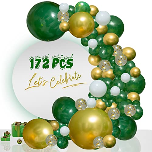 Balloon Garland Arch Kit 172pcs Green Balloons Garland kit Metallic Gold, White & Confetti Balloons for Weddings, Birthday Party Decorations, Bridal Showers and New Year Parties