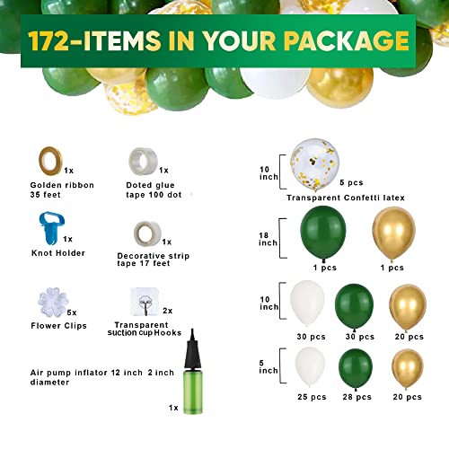 Balloon Garland Arch Kit 172pcs Green Balloons Garland kit Metallic Gold, White & Confetti Balloons for Weddings, Birthday Party Decorations, Bridal Showers and New Year Parties