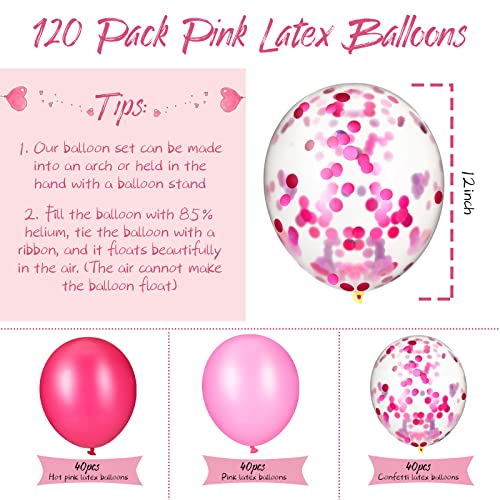 120 Pcs Valentines Day Balloons 12 Inch Hot Pink Latex Balloons Light Pink Confetti Balloons Valentines Day Party Decorations for Women Girls Wedding Birthday Baby Shower Bridal Proposal