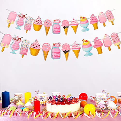 2 Pieces Ice Cream Banner Banner Ice Cream Theme Party Decoration Party Supplies Signs Streamer Decor for Events Holidays School Summer Pool Beach Kid Happy Birthday Party