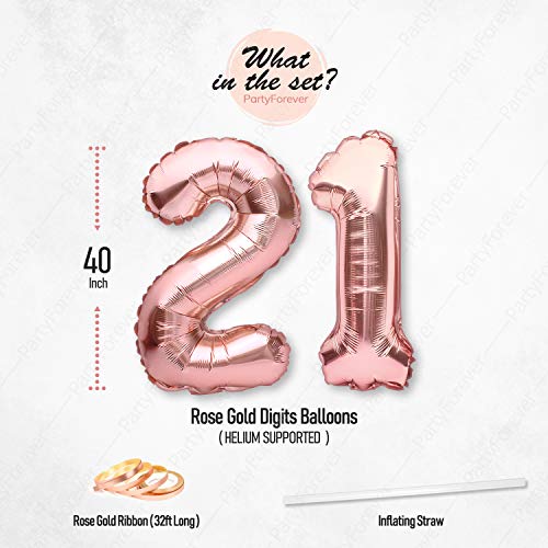 21st Birthday Party Decorations for Her Rose Gold Supplies Big Set with Birthday Banner and 21 BDay Digit Balloons for Women Including Latex and Confetti Balloons