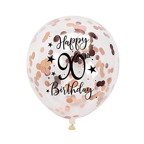 Rose Gold 90th Confetti Latex Balloons, Woman Happy 90 Years Birthday Party Balloon Decoration With Confetti, 12in, 16 Pack