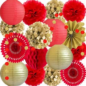 ansomo red and gold party decorations paper fans lanterns tissue pom poms wall hanging decor supplies bridal baby shower birthday wedding graduation