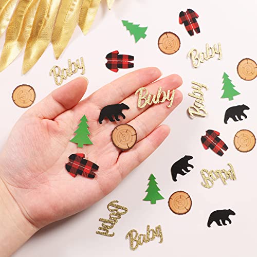 Lumberjack Baby Shower Decorations for Boys, 200 Pcs Lumberjack Confetti Including Glitter Baby Buffalo Plaid Bodysuit Tree Camping Bear Party Supplies