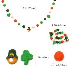 Glaciart One St. Patrick's Day Felt Ball Garland - Pre-Assembled Shamrocks, Clover and Leprechaun Irish Party Decoration - Pompom Party Decor - 100% Natural Wool Pom Poms with Cotton String - 6 Feet