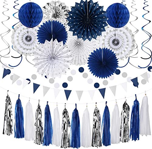 Navy-Blue White-Silver Graduation Party-Decorations - 33pcs Kits Banner, StreamersTassel Garland,Tissue Pom Poms Honeycomb, Paper Lantern Fans,Wedding Birthday Baby Shower Backdrop Ceiling Decor Hugtmr