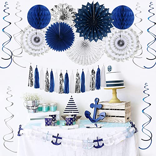 Navy-Blue White-Silver Graduation Party-Decorations - 33pcs Kits Banner, StreamersTassel Garland,Tissue Pom Poms Honeycomb, Paper Lantern Fans,Wedding Birthday Baby Shower Backdrop Ceiling Decor Hugtmr