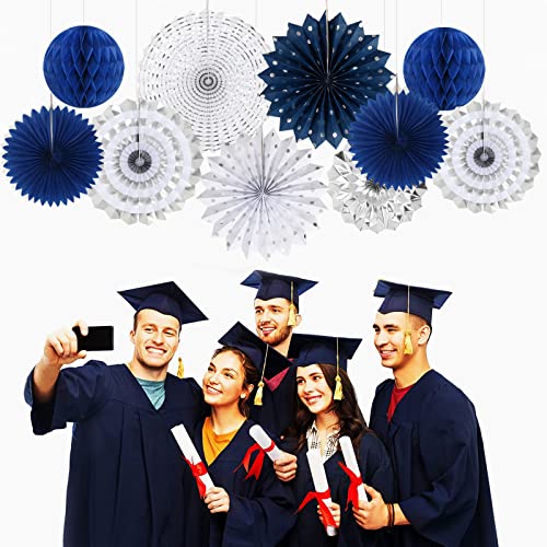 Navy-Blue White-Silver Graduation Party-Decorations - 33pcs Kits Banner, StreamersTassel Garland,Tissue Pom Poms Honeycomb, Paper Lantern Fans,Wedding Birthday Baby Shower Backdrop Ceiling Decor Hugtmr