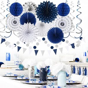 Navy-Blue White-Silver Graduation Party-Decorations - 33pcs Kits Banner, StreamersTassel Garland,Tissue Pom Poms Honeycomb, Paper Lantern Fans,Wedding Birthday Baby Shower Backdrop Ceiling Decor Hugtmr