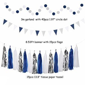 Navy-Blue White-Silver Graduation Party-Decorations - 33pcs Kits Banner, StreamersTassel Garland,Tissue Pom Poms Honeycomb, Paper Lantern Fans,Wedding Birthday Baby Shower Backdrop Ceiling Decor Hugtmr