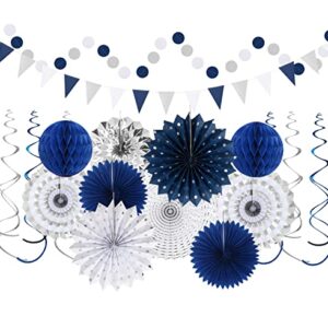 Navy-Blue White-Silver Graduation Party-Decorations - 33pcs Kits Banner, StreamersTassel Garland,Tissue Pom Poms Honeycomb, Paper Lantern Fans,Wedding Birthday Baby Shower Backdrop Ceiling Decor Hugtmr