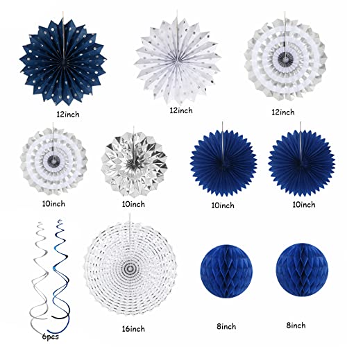 Navy-Blue White-Silver Graduation Party-Decorations - 33pcs Kits Banner, StreamersTassel Garland,Tissue Pom Poms Honeycomb, Paper Lantern Fans,Wedding Birthday Baby Shower Backdrop Ceiling Decor Hugtmr