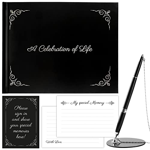 Funeral Guest Book with Custom Black and Real Silver Design, Guest Book for Funeral with 150 Memory Cards and Metal Signature Pen, Funeral Guest Book for Memorial Service with a Memory Table Sign