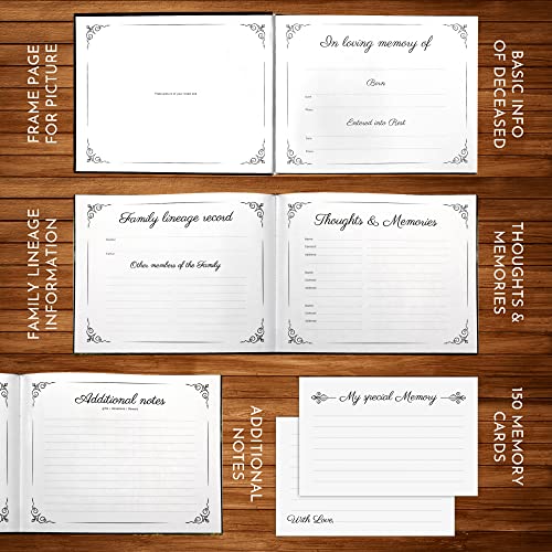 Funeral Guest Book with Custom Black and Real Silver Design, Guest Book for Funeral with 150 Memory Cards and Metal Signature Pen, Funeral Guest Book for Memorial Service with a Memory Table Sign