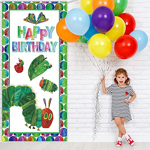 Cartoon Very Hungry Little Green Caterpillar Happy Birthday Banner Backdrop Supplies Favors Insects Theme Decor for 1st Birthday Party Baby Shower Photo Studio Booth Props Background Decorations