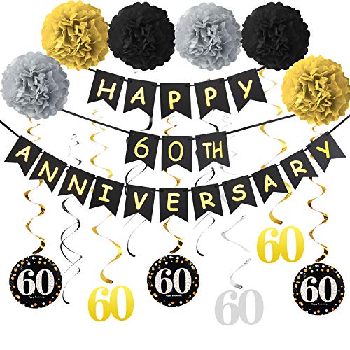 60th Anniversary Decorations Supplies Kit - Gold Glitter Happy 60th Anniversary Banner, 9Pcs Sparkling 60 Hanging Swirl, 6Pcs Poms - for 60th Wedding Anniversary Party Decorations