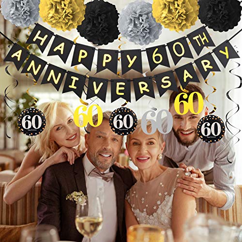 60th Anniversary Decorations Supplies Kit - Gold Glitter Happy 60th Anniversary Banner, 9Pcs Sparkling 60 Hanging Swirl, 6Pcs Poms - for 60th Wedding Anniversary Party Decorations