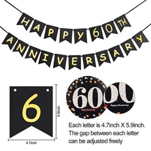 60th Anniversary Decorations Supplies Kit - Gold Glitter Happy 60th Anniversary Banner, 9Pcs Sparkling 60 Hanging Swirl, 6Pcs Poms - for 60th Wedding Anniversary Party Decorations