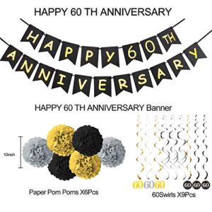 60th Anniversary Decorations Supplies Kit - Gold Glitter Happy 60th Anniversary Banner, 9Pcs Sparkling 60 Hanging Swirl, 6Pcs Poms - for 60th Wedding Anniversary Party Decorations