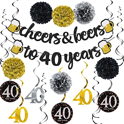 40th Birthday Decorations Kit for Men Women, Cheers to 40 Years Banner with Pom Poms Flowers, 40th Sparkling Hanging Swirl Decorations for 40th Birthday Wedding Party Supplies Decorations