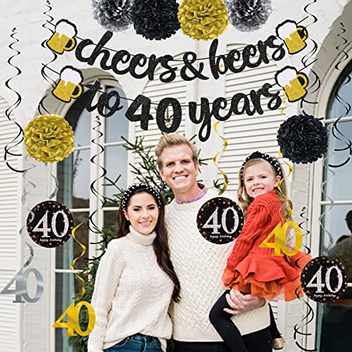 40th Birthday Decorations Kit for Men Women, Cheers to 40 Years Banner with Pom Poms Flowers, 40th Sparkling Hanging Swirl Decorations for 40th Birthday Wedding Party Supplies Decorations