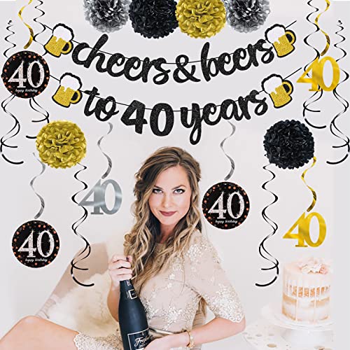 40th Birthday Decorations Kit for Men Women, Cheers to 40 Years Banner with Pom Poms Flowers, 40th Sparkling Hanging Swirl Decorations for 40th Birthday Wedding Party Supplies Decorations