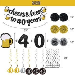 40th Birthday Decorations Kit for Men Women, Cheers to 40 Years Banner with Pom Poms Flowers, 40th Sparkling Hanging Swirl Decorations for 40th Birthday Wedding Party Supplies Decorations