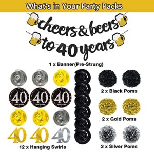 40th Birthday Decorations Kit for Men Women, Cheers to 40 Years Banner with Pom Poms Flowers, 40th Sparkling Hanging Swirl Decorations for 40th Birthday Wedding Party Supplies Decorations