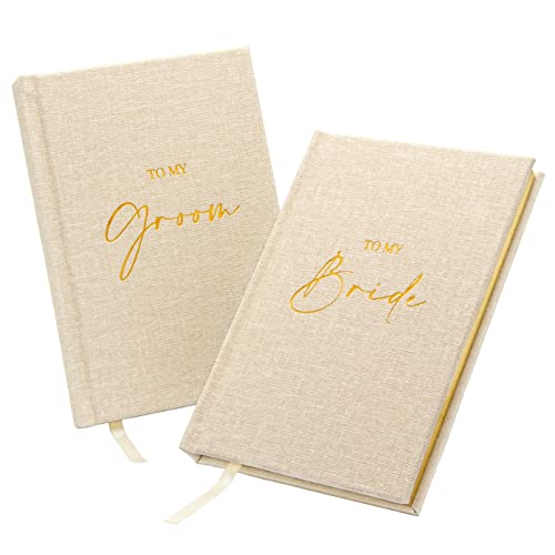 MUUJEE to My Groom and to My Bride Vow Books (Set of 2) - Ivory Canvas Linen Gold Foil Embossed Vows Book Journal for Wedding Ceremony Vow Renewal Valentines Day Gift for Husband Wife