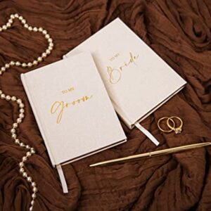 MUUJEE to My Groom and to My Bride Vow Books (Set of 2) - Ivory Canvas Linen Gold Foil Embossed Vows Book Journal for Wedding Ceremony Vow Renewal Valentines Day Gift for Husband Wife