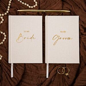 MUUJEE to My Groom and to My Bride Vow Books (Set of 2) - Ivory Canvas Linen Gold Foil Embossed Vows Book Journal for Wedding Ceremony Vow Renewal Valentines Day Gift for Husband Wife