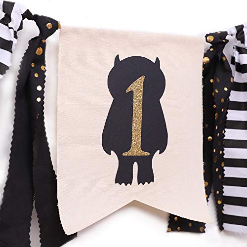 WAHAWU Wild One Banner for 1st Birthday - Where Wild Things Are Party Supplies , Black and Gold , Baby Boy's Shower Decorations , Photo Decoration Props , Wild One Birthday Decorations for Boys (High Chair Banner for 1st)