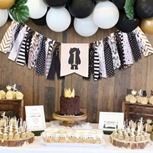 WAHAWU Wild One Banner for 1st Birthday - Where Wild Things Are Party Supplies , Black and Gold , Baby Boy's Shower Decorations , Photo Decoration Props , Wild One Birthday Decorations for Boys (High Chair Banner for 1st)