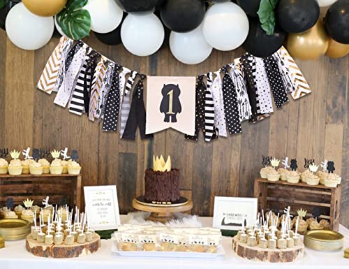 WAHAWU Wild One Banner for 1st Birthday - Where Wild Things Are Party Supplies , Black and Gold , Baby Boy's Shower Decorations , Photo Decoration Props , Wild One Birthday Decorations for Boys (High Chair Banner for 1st)