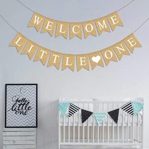 Rainlemon Jute Burlap Welcome Little One Banner Rustic Baby Shower Gender Reveal Party Decoration Supply