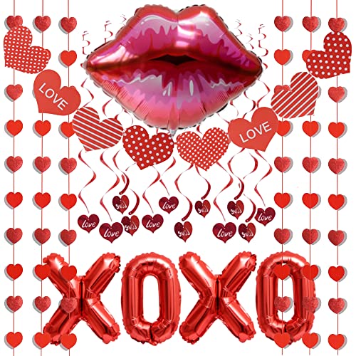 Galentines Day Decorations – Galentine's Valentine's Decoration Set Decor with 1 Heart Shape Banner Garland, & 12 LOVE Swirl, 6 Heart Streamers, 1 Lips & 4 XOXO Balloons – For Classroom Office Supplies