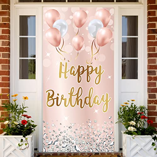 Pink Rose Gold Happy Birthday Door Banner Backdrop Decorations for Women Girls, Happy Birthday Party Door Cover Sign Background Supplies for 16th, 21st, 30th, 40th, 50th, 60th Birthday Décor