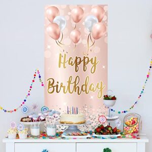 Pink Rose Gold Happy Birthday Door Banner Backdrop Decorations for Women Girls, Happy Birthday Party Door Cover Sign Background Supplies for 16th, 21st, 30th, 40th, 50th, 60th Birthday Décor