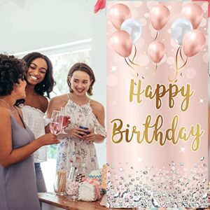 Pink Rose Gold Happy Birthday Door Banner Backdrop Decorations for Women Girls, Happy Birthday Party Door Cover Sign Background Supplies for 16th, 21st, 30th, 40th, 50th, 60th Birthday Décor