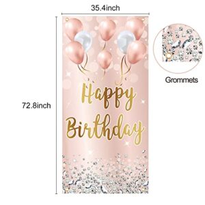 Pink Rose Gold Happy Birthday Door Banner Backdrop Decorations for Women Girls, Happy Birthday Party Door Cover Sign Background Supplies for 16th, 21st, 30th, 40th, 50th, 60th Birthday Décor