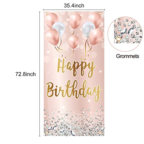 Pink Rose Gold Happy Birthday Door Banner Backdrop Decorations for Women Girls, Happy Birthday Party Door Cover Sign Background Supplies for 16th, 21st, 30th, 40th, 50th, 60th Birthday Décor