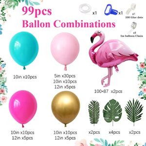 Sugoiti Flamingo Tropical Balloons Garland Arch Kit Rose Red Light Pink Cyan Metallic Gold 99PCS Latex Balloon for Hawaiian Luau Safari Jungle Wild Animal Kids' Birthday Party